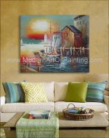 China Sunrise Senery Orange Boats Oil Painting Sailboat Canvas Art For Parlour for sale