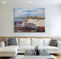 China Hand Painted Fishing Boats Oil Paintings, Abstract Canvas Painting on Beach for sale