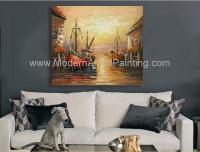 China Hand Painted Red Boats Painting by Palette knife, Abstract Acrylic Painting on Dock for sale