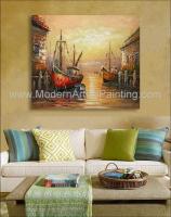 China Hand Painted Red Boats Painting by Palette knife, Abstract Acrylic Painting on Dock for sale