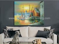 China Sailling Boats Oil Painting Harbor , Modern Sunset Landscape Painting for sale