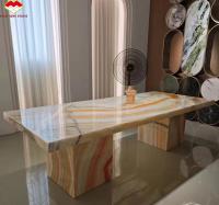 China Hotel Table Furniture Design with Natural Stone Bookmatched Rainbow Onyx Marble Slab for sale