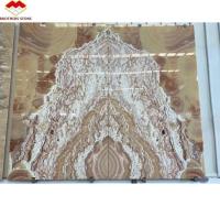 China Modern Design Polished Marble Bookmatch Tile Custom Backlit Red Dragon Jade Onyx Wall for sale