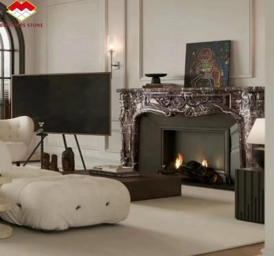 China Indoor Stone Mantle for Modern Violet Marble Fireplace Surround in Luxury Living Room for sale