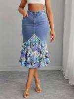 China Denim Patchwork Floral Midi Skirt with A-Line Silhouette and Soft Durable Fabric for sale