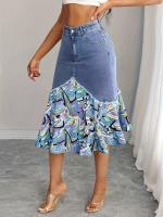 China Denim Patchwork Floral Midi Skirt with A-Line Silhouette and Soft Durable Fabric for sale