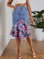 China Denim Patchwork Floral Midi Skirt with A-Line Silhouette and Soft Durable Fabric for sale