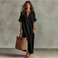 China Women's Loose-Fit V-Neck Maxi Dress with Side Pockets and Customizable Colors - OEM/ODM Service Available for sale