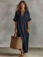 China Women's Loose-Fit V-Neck Maxi Dress with Side Pockets and Customizable Colors - OEM/ODM Service Available for sale