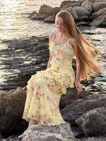 China Women's Floral Print Maxi Dress with Spaghetti Straps and Ruffle Trim for sale