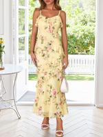 China Women's Floral Print Maxi Dress with Spaghetti Straps and Ruffle Trim for sale