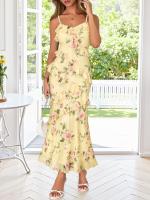 China Women's Floral Print Maxi Dress with Spaghetti Straps and Ruffle Trim for sale