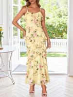 China Women's Floral Print Maxi Dress with Spaghetti Straps and Ruffle Trim for sale