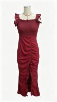 China Women's Smocked Bodice High-Low Dress with Ruffled Shoulder Straps and Adjustable Tie Belt for sale