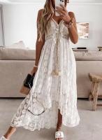 China Women's Bohemian V-Neck Lace Tiered Maxi Dress - Machine Washable for Everyday Wear for sale