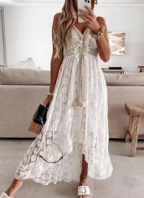 China Women's Bohemian V-Neck Lace Tiered Maxi Dress - Machine Washable for Everyday Wear for sale