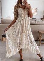 China Women's Bohemian V-Neck Lace Tiered Maxi Dress - Machine Washable for Everyday Wear for sale