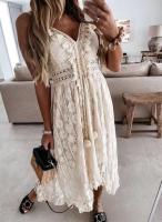 China Women's Bohemian V-Neck Lace Tiered Maxi Dress - Machine Washable for Everyday Wear for sale