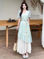 China Women's V-Neck Asymmetric Layered Maxi Dress - Machine Washable Cotton Casual Wear for sale