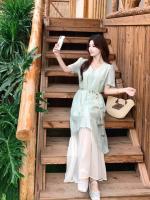 China Women's V-Neck Asymmetric Layered Maxi Dress - Machine Washable Cotton Casual Wear for sale