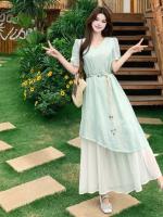 China Women's V-Neck Asymmetric Layered Maxi Dress - Machine Washable Cotton Casual Wear for sale