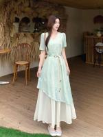 China Women's V-Neck Asymmetric Layered Maxi Dress - Machine Washable Cotton Casual Wear for sale