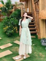 China Women's V-Neck Asymmetric Layered Maxi Dress - Machine Washable Cotton Casual Wear for sale