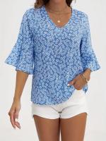 China Women's Floral Print V-Neck Flare-Sleeve Blouse - Lightweight Cotton Top for Summer for sale