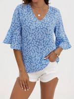China Women's Floral Print V-Neck Flare-Sleeve Blouse - Lightweight Cotton Top for Summer for sale