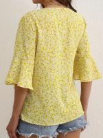 China Women's Floral Print V-Neck Flare-Sleeve Blouse - Lightweight Cotton Top for Summer for sale