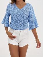 China Women's Floral Print V-Neck Flare-Sleeve Blouse - Lightweight Cotton Top for Summer for sale