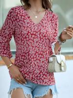 China Women's Floral Print V-Neck Flare-Sleeve Blouse - Lightweight Cotton Top for Summer for sale