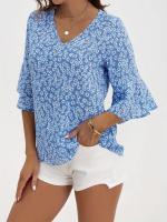 China Women's Floral Print V-Neck Flare-Sleeve Blouse - Lightweight Cotton Top for Summer for sale