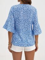 China Women's Floral Print V-Neck Flare-Sleeve Blouse - Lightweight Cotton Top for Summer for sale