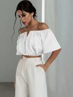 China Women's Off-Shoulder Elastic-Hem Cropped Blouse - Casual Summer Top with V-Neck for sale