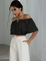 China Women's Off-Shoulder Elastic-Hem Cropped Blouse - Casual Summer Top with V-Neck for sale