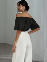 China Women's Off-Shoulder Elastic-Hem Cropped Blouse - Casual Summer Top with V-Neck for sale