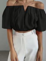 China Women's Off-Shoulder Elastic-Hem Cropped Blouse - Casual Summer Top with V-Neck for sale