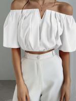 China Women's Off-Shoulder Elastic-Hem Cropped Blouse - Casual Summer Top with V-Neck for sale
