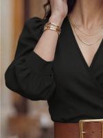 China Women's Wrap V-Neck Puff-Sleeve Fitted Blouse for Office and Casual Wear for sale