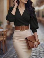 China Women's Wrap V-Neck Puff-Sleeve Fitted Blouse for Office and Casual Wear for sale