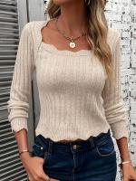 China Women's Ribbed Knit Top with Square Neck and Scalloped Hem Long-Sleeve Casual Wear for sale