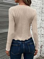 China Women's Ribbed Knit Top with Square Neck and Scalloped Hem Long-Sleeve Casual Wear for sale