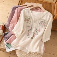 China Women's Floral Embroidered Lightweight Three-Quarter-Sleeve Blouse for Casual Wear for sale