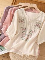 China Women's Floral Embroidered Lightweight Three-Quarter-Sleeve Blouse for Casual Wear for sale