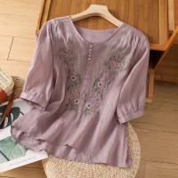 China Women's Floral Embroidered Lightweight Three-Quarter-Sleeve Blouse for Casual Wear for sale