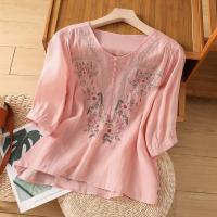 China Women's Floral Embroidered Lightweight Three-Quarter-Sleeve Blouse for Casual Wear for sale