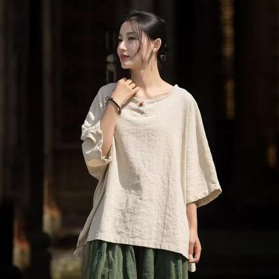 China Women's Loose-Fit Linen-Look Three-Quarter-Sleeve Tunic Top for Casual and Office Wear for sale