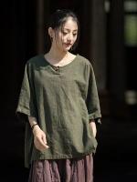China Women's Loose-Fit Linen-Look Three-Quarter-Sleeve Tunic Top for Casual and Office Wear for sale