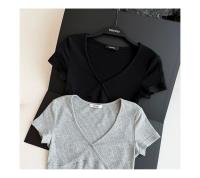 China Women’s Two-Piece Set with Long Sleeve Wrap-Front Crop Top and Gathered Waist Flared Pants Featuring High Slit for sale